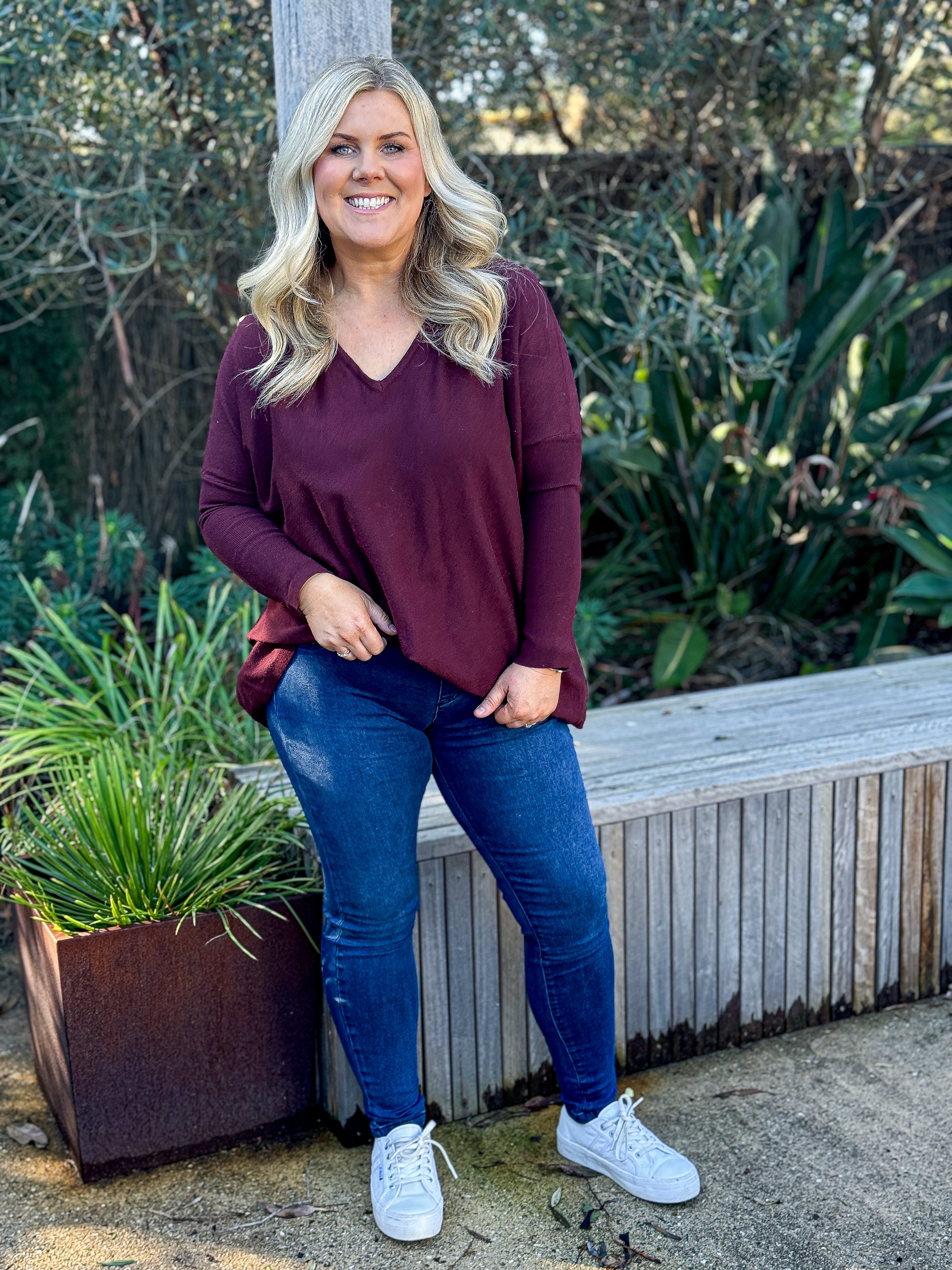 Nadia V Neck Knit - Aubergine – Evergreen Clothing